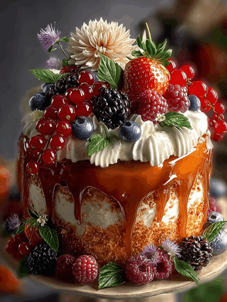 Rustic Caramel Drip Cake with Whipped Vanilla Cream & Fresh Berries